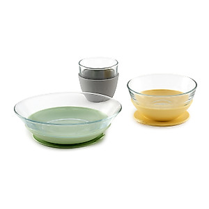 BEABA 3-Piece Glass and Silicone Meal Set - Easy to Clean - Dishwasher and Microwave Safe - Non-Slip Suction Bottom - Includes Plate, Bowl, Cup (Pastel)