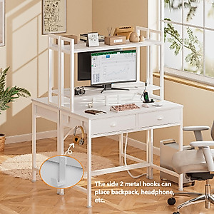 Furologee Small White Desk with Drawers, 36 Inch Home Office Computer Desk with Power Outlet and LED Light, Vanity Desk with Storage Shelves, Modern Work/Writing/Study Table for Bedroom, White