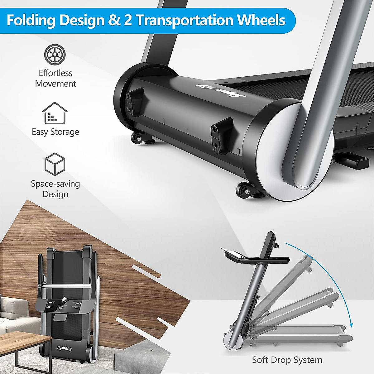 GYMAX Folding Treadmill, Italy Designer Electric Treadmill with Heart Rate Belt, LED Display, Quick Speed Switch Button, Freestanding Home Gym Running Machine for Small Space