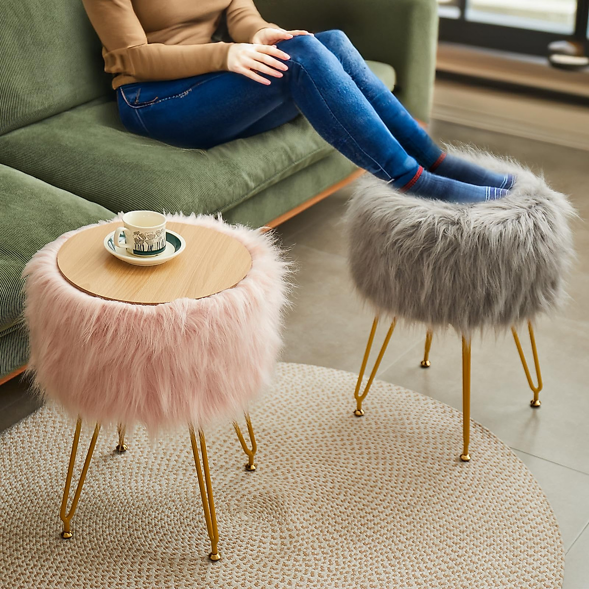 Alessing Grey Vanity Stool Chair with Storage, Faux Fur Storage Ottoman Furry Makeup Stool, Fuzzy Footrest Footstools with 4 Metal Legs & Wood Grain Pallet for Living Room Bedroom Entryway