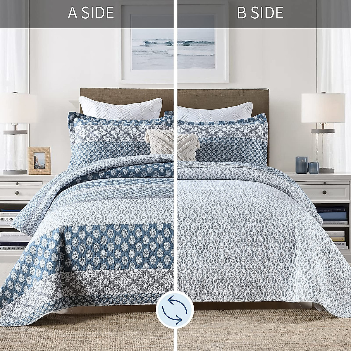 PERHOM Blue Quilt Queen Size - Queen Quilt Set, 100% Long-Staple Cotton Floral Quilt Bedding Set Bedspreads, Patchwork Reversible Lightweight Comforter Bed Spread for All Season, Blue/Gray, 3 Pieces