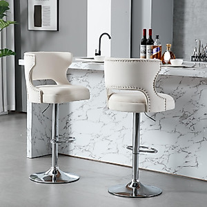 ABET Adjustable Bar Stools Set of 2, Velvet Swivel Counter Barstools with Hollow Back Footrest Soft Upholstered Bar Chairs for Kitchen Island Dining Room Home Bar Bistro, Beige, Chrome Base