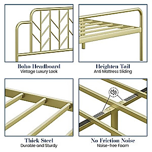 Amyove Gold Metal Queen Size Bed Frame with Headboard and Footboard, 12.6 Inches Metal Mattress Foundation for Storage, No Box Spring Needed, Easy Assembly, Modern Style Furniture (Branch)