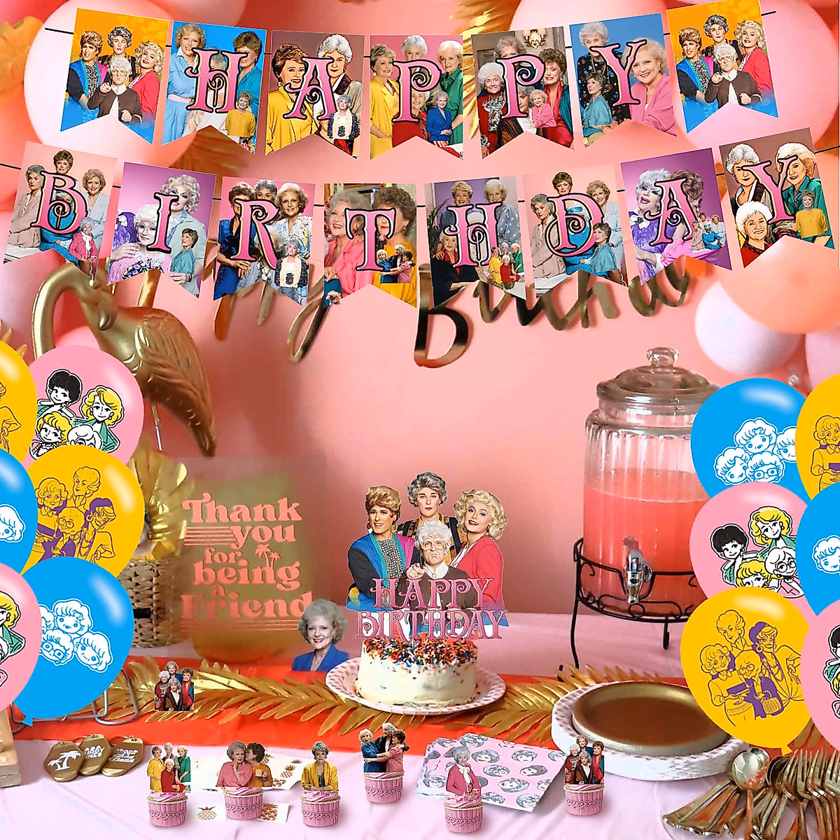 OUDINI The Golden Girls birthday party supplies,Golden Girls including cake topper, cupcake toppers, Banner, Latex Balloons,It is very suitable for Women and girl birthday party supplies., Blue