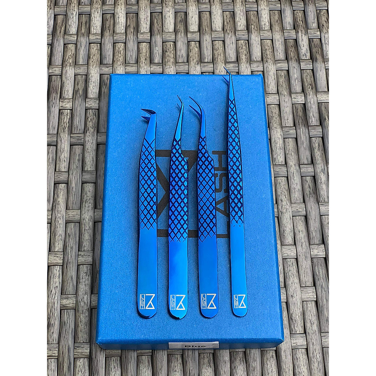 M LASH Tweezers for Eyelash Extensions (Set of 4) - Professional Lash Extension Tweezers - Fiber Tip, Japanese Steel, Diamond Grip Eyelash Extension Tweezer (Blue)