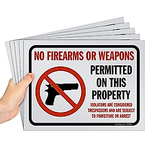 SmartSign (Pack of 5) 9 x 12 inch “No Firearms Or Weapons Permitted On This Property” Sign, Screen Printed, 10 mil Polystyrene Plastic, Red/Black on White