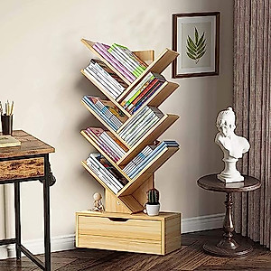 8 Tier Book Shelf 48 Inches Tall with Drawers, Kids Wood Bookshelf Modern Open Narrow for Books and Plants Display, Creative Tree Shape Etagere Bookcase for Bedroom, Living Room, Classroom Wooden Col
