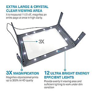 3X Large Full Page Magnifier with 12 LED Lights[Provide Evenly Lit Viewing Area], Foldable Flip-Out Legs, Dual Power Supply Modes- Ideal for Hands Free Reading, Low Vision, Seniors with Aging Eyes