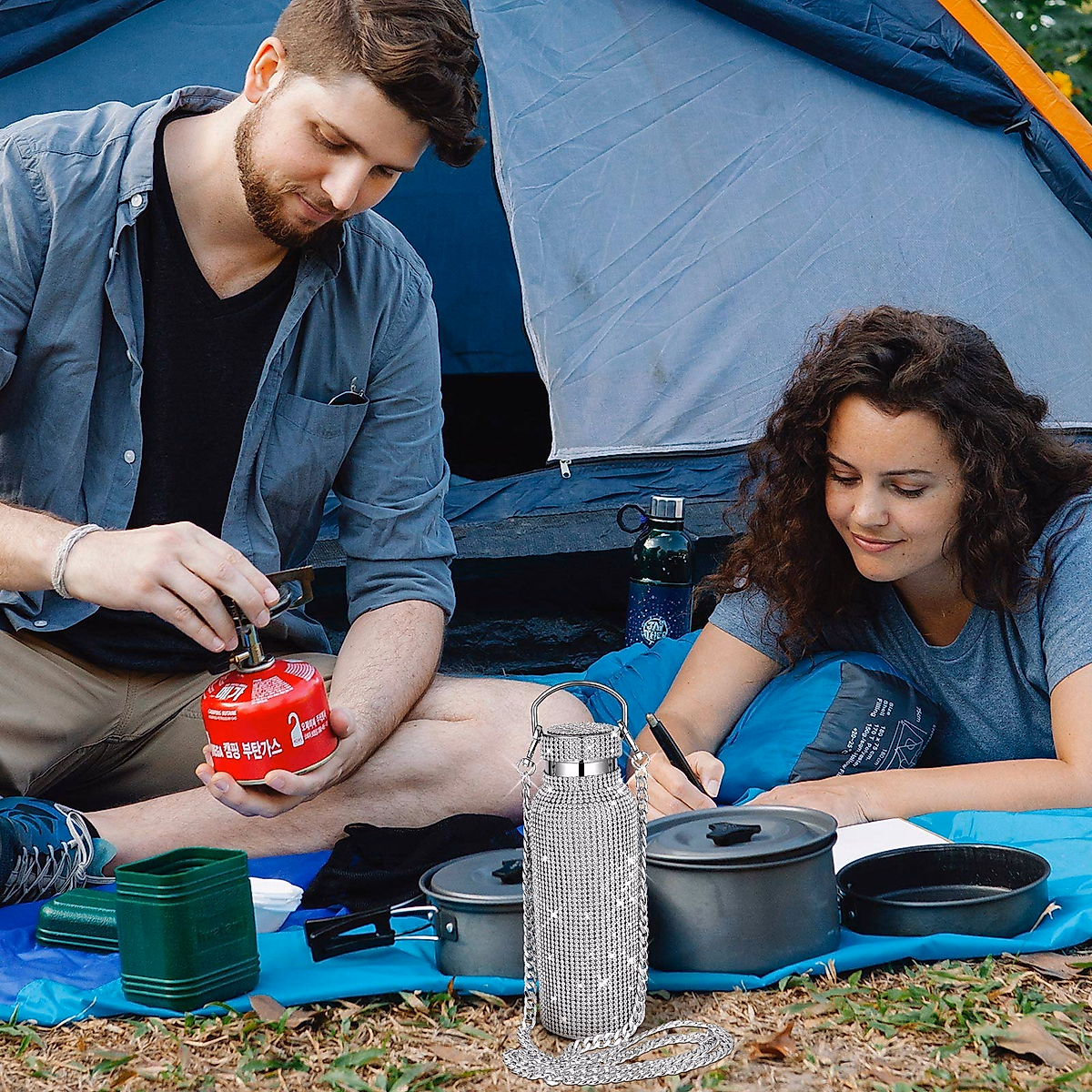 Diamond Water Bottle Bling Rhinestone Stainless Steel Thermal Bottle Refillable Insulated Glitter Water Jug with Chain for Women Girls Gifts(500 ml,Silver)