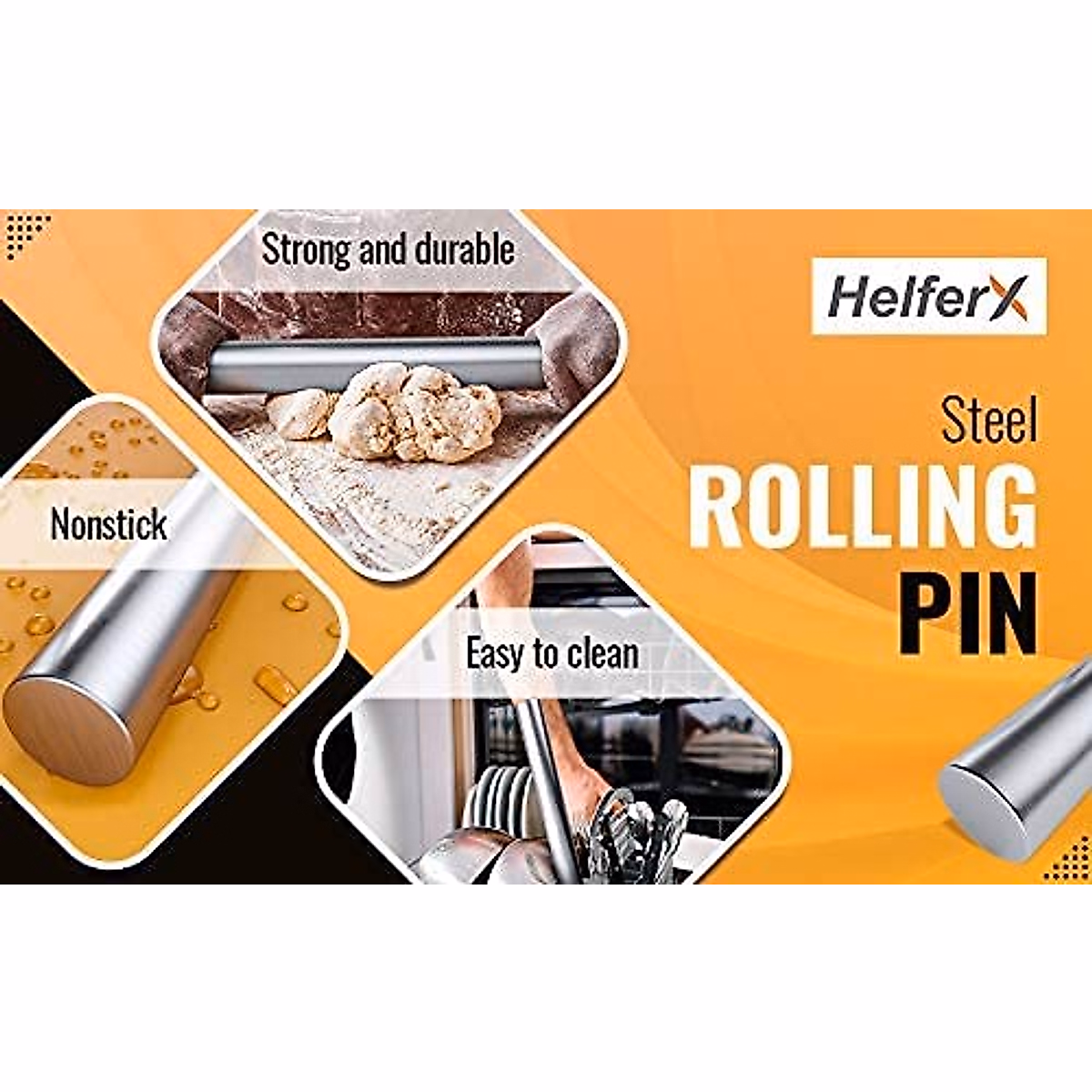 HelferX 15 inch Long Stainless Steel Rolling Pin for Baking - Perfect for Fondant, Dumpling, Ravioli, and Pizza Dough