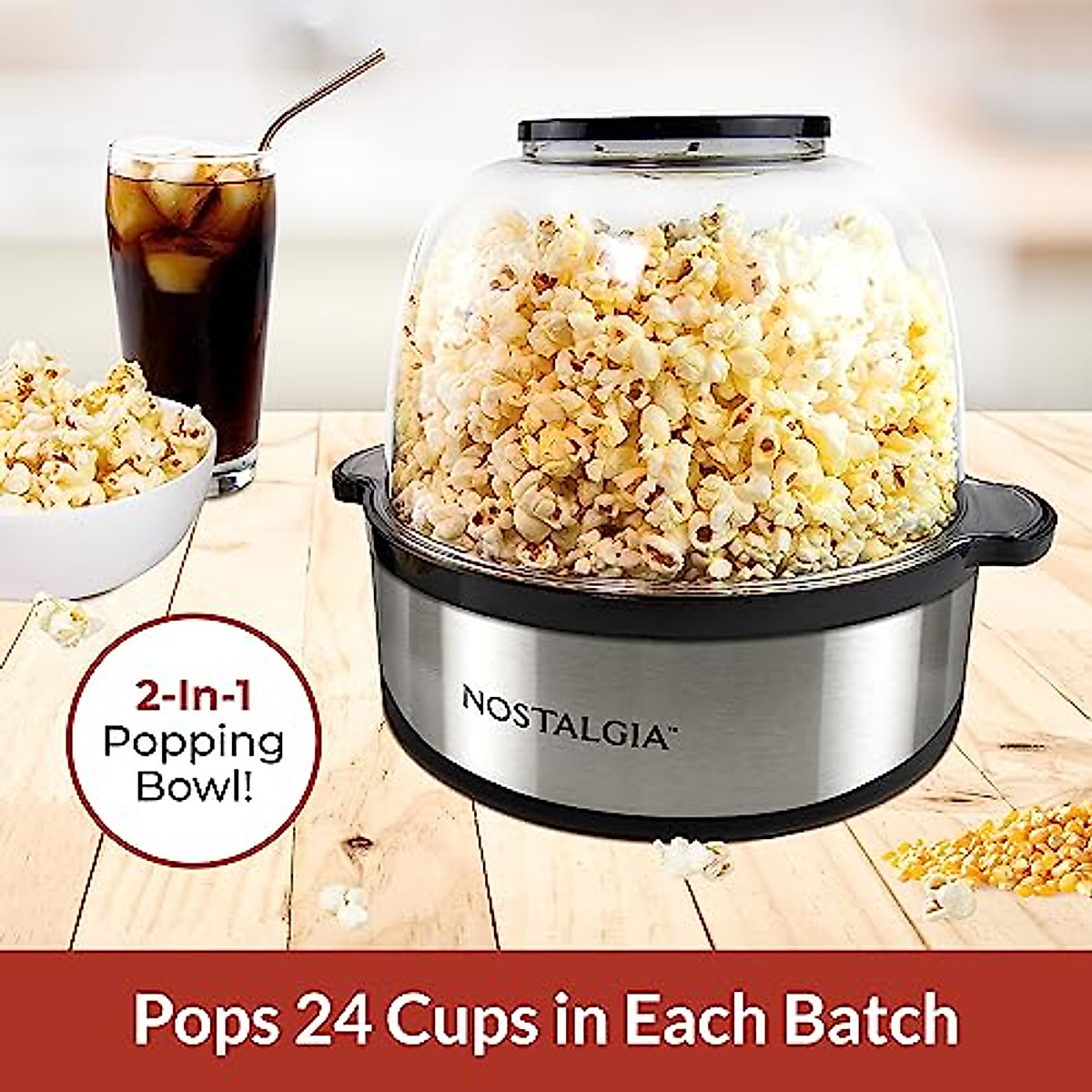 Nostalgia 6-Quart Stirring Popcorn Popper With Quick-Heat Technology, Makes 24 Cups of Popcorn, Kernel Measuring Cup, Oil Free, Makes Roasted Nuts, Perfect for Birthday Parties, Stainless