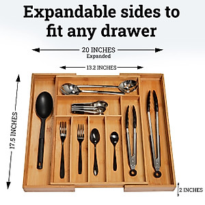 Signature Living Bamboo Expandable Utensil Drawer Organizer, Premium Bamboo for Cutlery, Flatware, Silverware - Drawer Dividers for Easy Storage