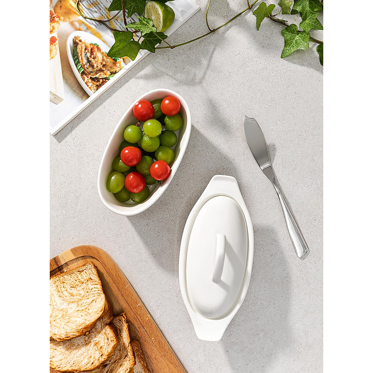 Large Butter Dish with Lid - Airtight Butter Keeper Container Holds Up to 2 Sticks of Butter - Porcelain Container with Beech Wooden Lid, White, Better Butter & Beyond