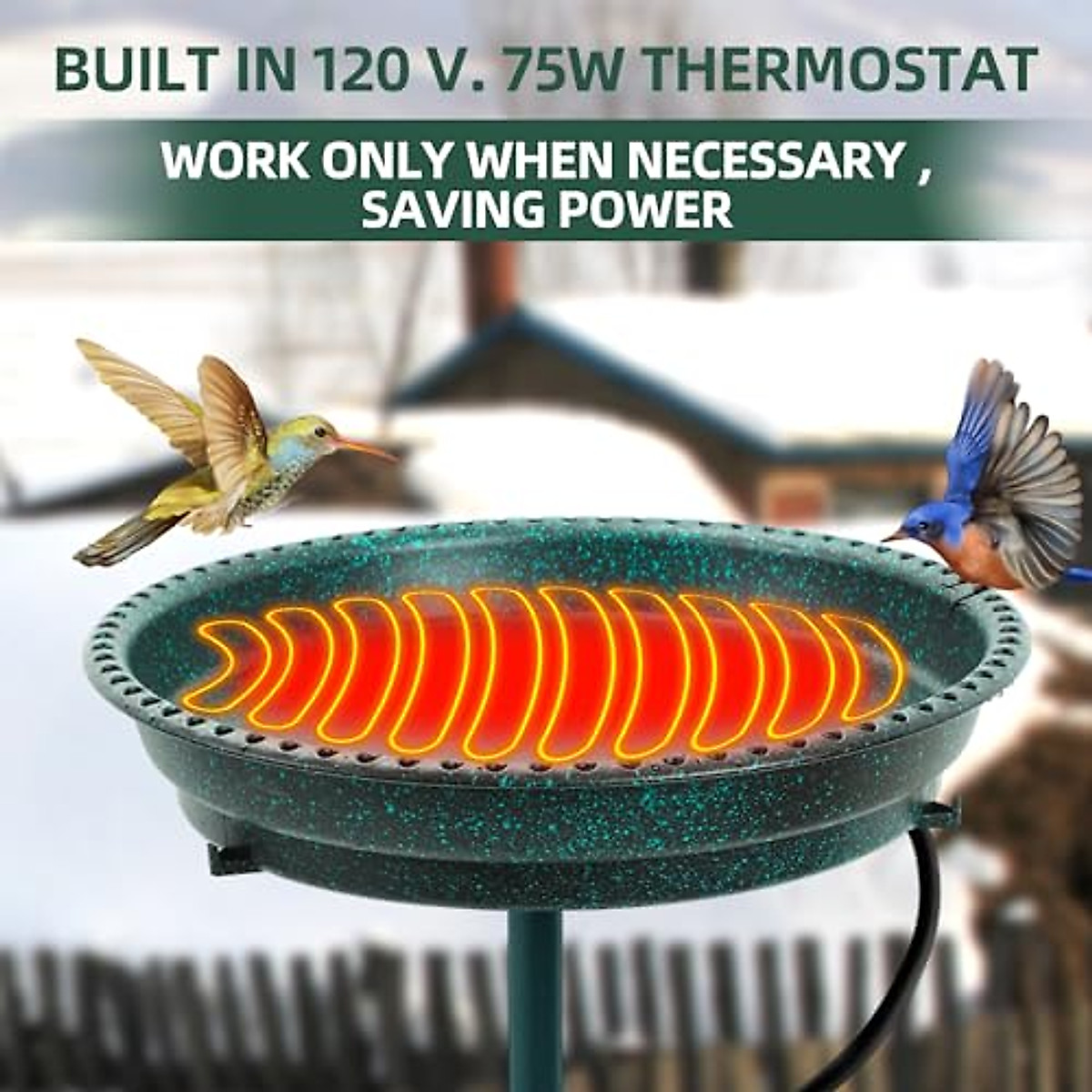 Heated Bird Bath for Outdoors for Winter, 75W Bird Bath Water Heater Bird Bath Deicer,Deep Bowl Thermostatic Control Weather Resistance Stylish Design with Planter Pedestal for All Seasons(Green)