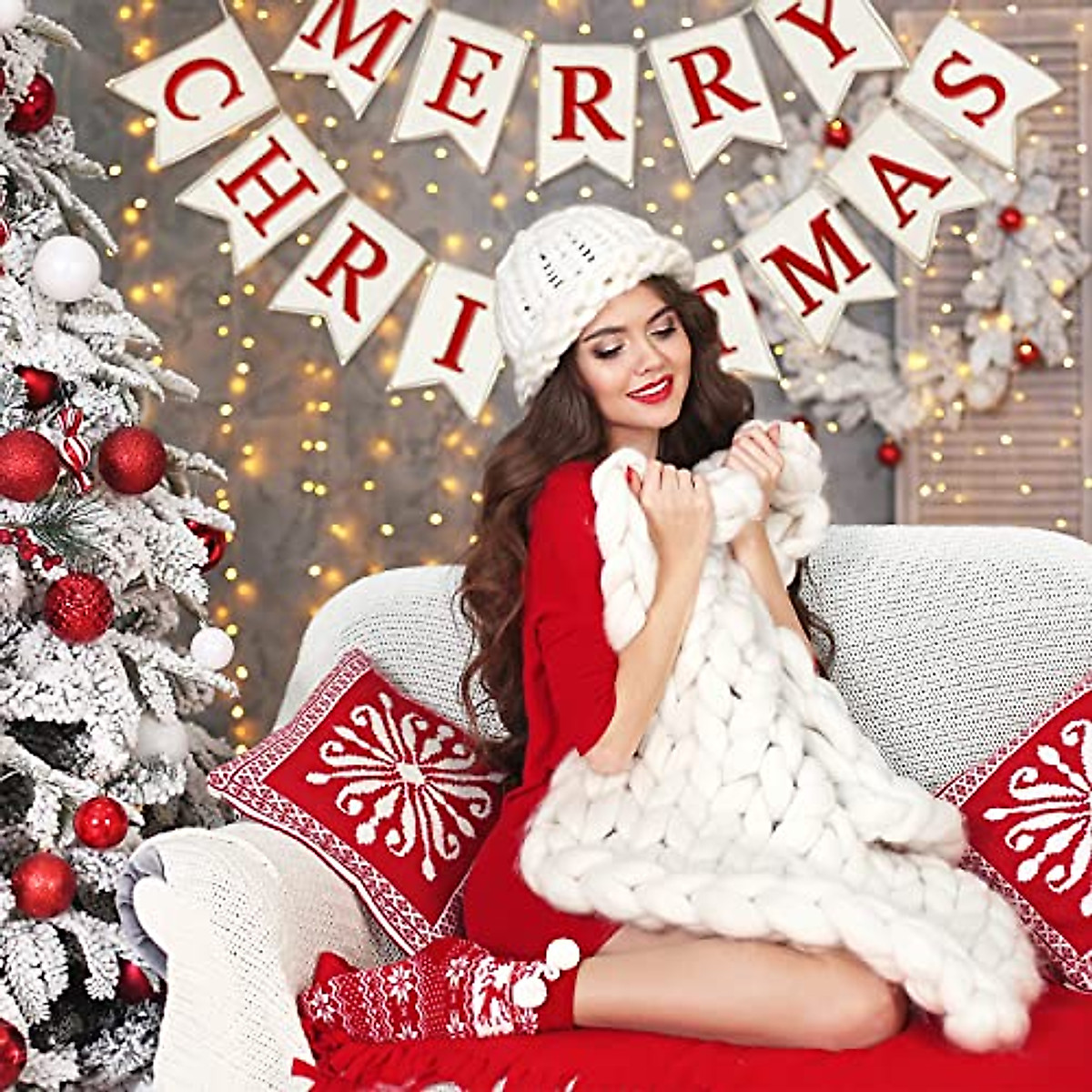 Whaline Christmas Burlap Banner Felt Merry Christmas Banner Pre-Assembled White Red Xmas Bunting Garland Celebration Hanging Decorations for Christmas Party Supplies Home Decoration