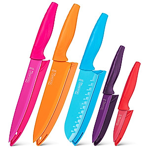 MICHELANGELO Kitchen Knife Set 10 Piece, Rainbow Knife Set for Kitchen, High Carbon Stainless Steel Kitchen Knives Set, Kitchen Knife Set with Covers, Colorful Knife Set- 5 Knives and 5 Knife Covers