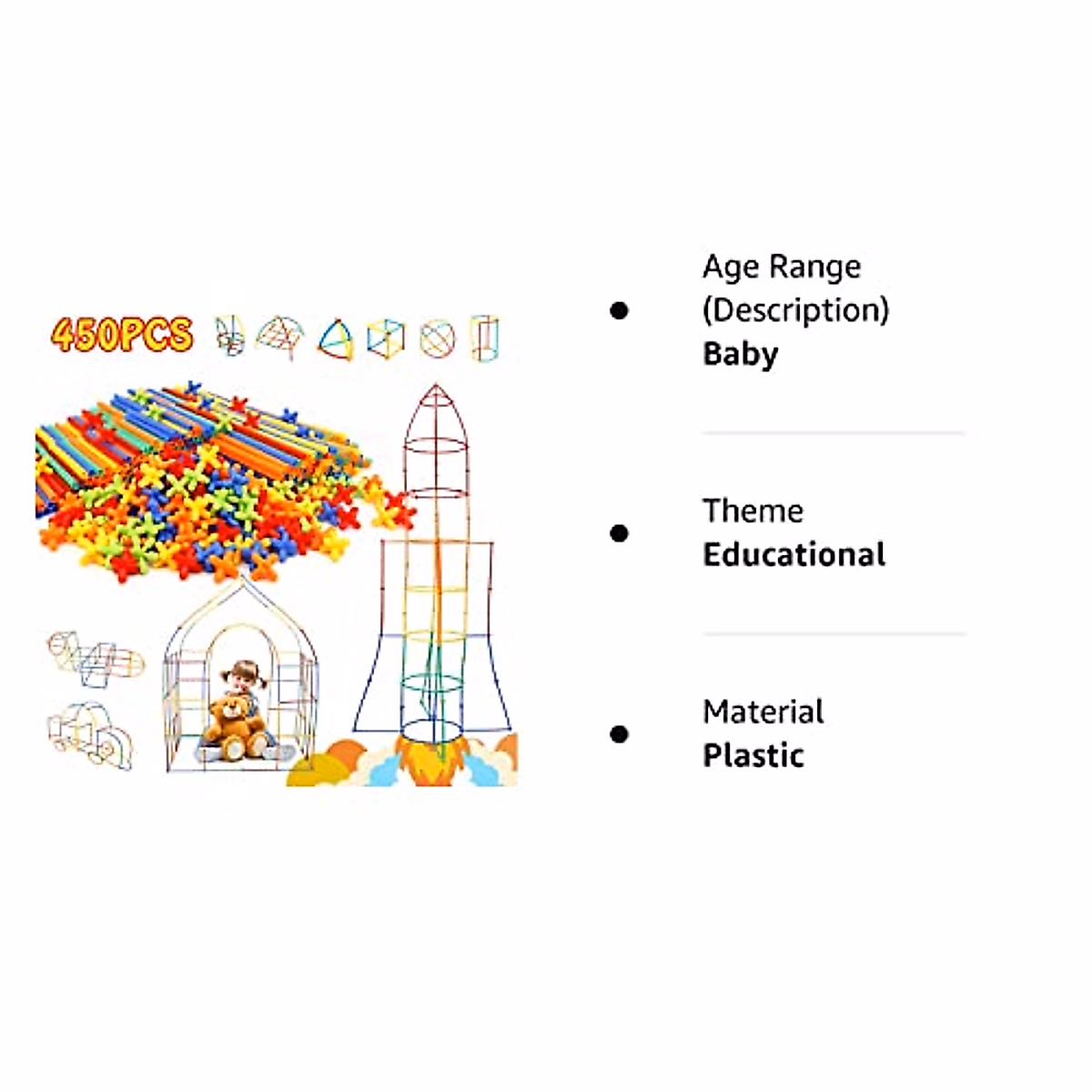 Creative Straw Toys 450Pcs STEM Building Toys Aged for 3 4 5 6 7+ Preschool Kids Constructor Toy Thin Tube Toy DIY Educational Toy Interlocking Plastic Engineering Toys Kit for Boys and Girls Gift