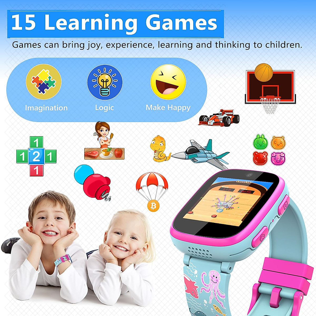 AstraMinds Kids Smart Watches Girls Boys - 1.54'' Touchscreen Smart Watch for Kids with 15 Puzzle Games, 2 Camera, 10 Audio Books, Music Player, Kids Watches Gift for 3-12 Year Old(Blue)