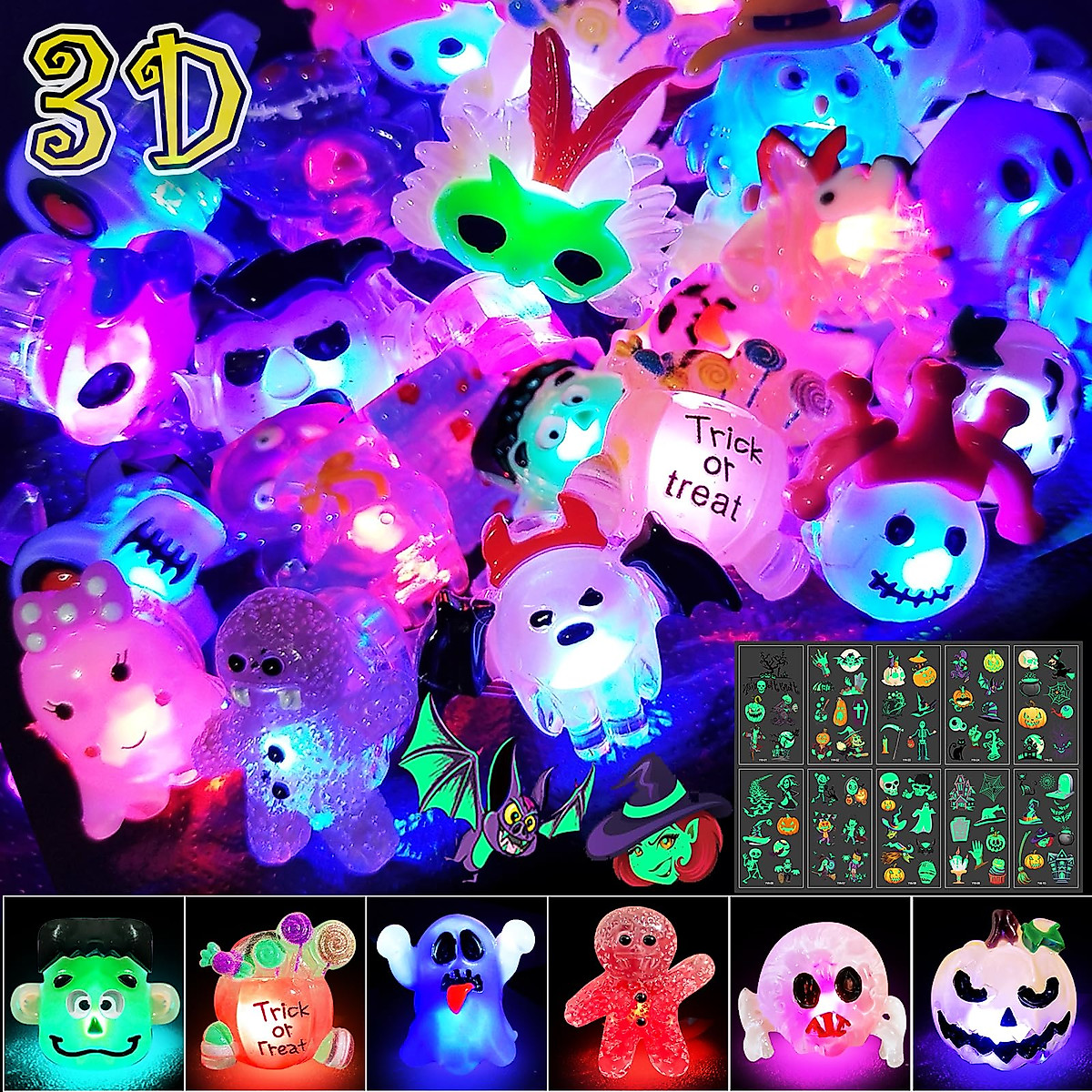 38Pcs Halloween Party Favors for Kids, 3D Light Up Rings Bulk Toys Halloween Treats Non Candy, 28 Led Flashing Rings & 10 Luminous Tattoos, Halloween Goodie Bag Fillers Glow In The Dark Party Supplies