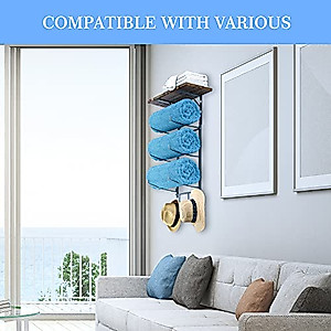 Towel Racks for Bathroom Wall Mounted,Wall Rack for Rolled Towels with 3 Hooks and Wood Shel, Metal Bath Towel Holder Organizer for Rolled Bath Towels, Hand Towels, Washcloths in Small Bathroom/Camper