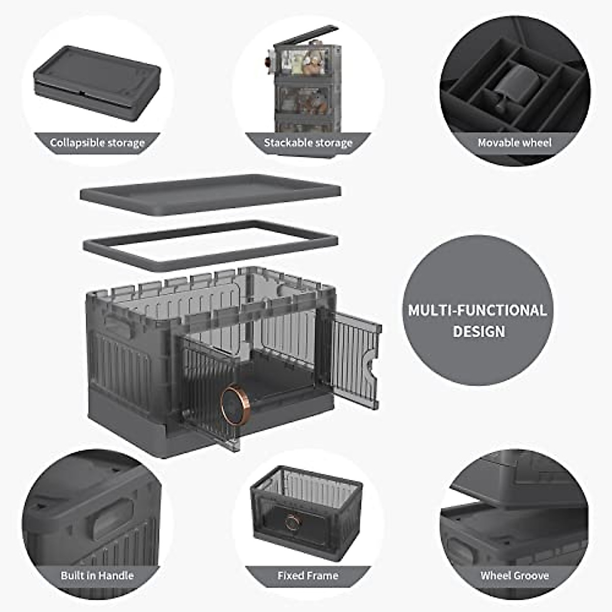 Btalani Collapsible Storage Bins with Lids, Stackable Storage Box with Wheels & Doors, Rotating to Lock & Unlock, 8.72 Gal Plastic Storage Bins for Home and Outdoor, 3-Pack, Grey