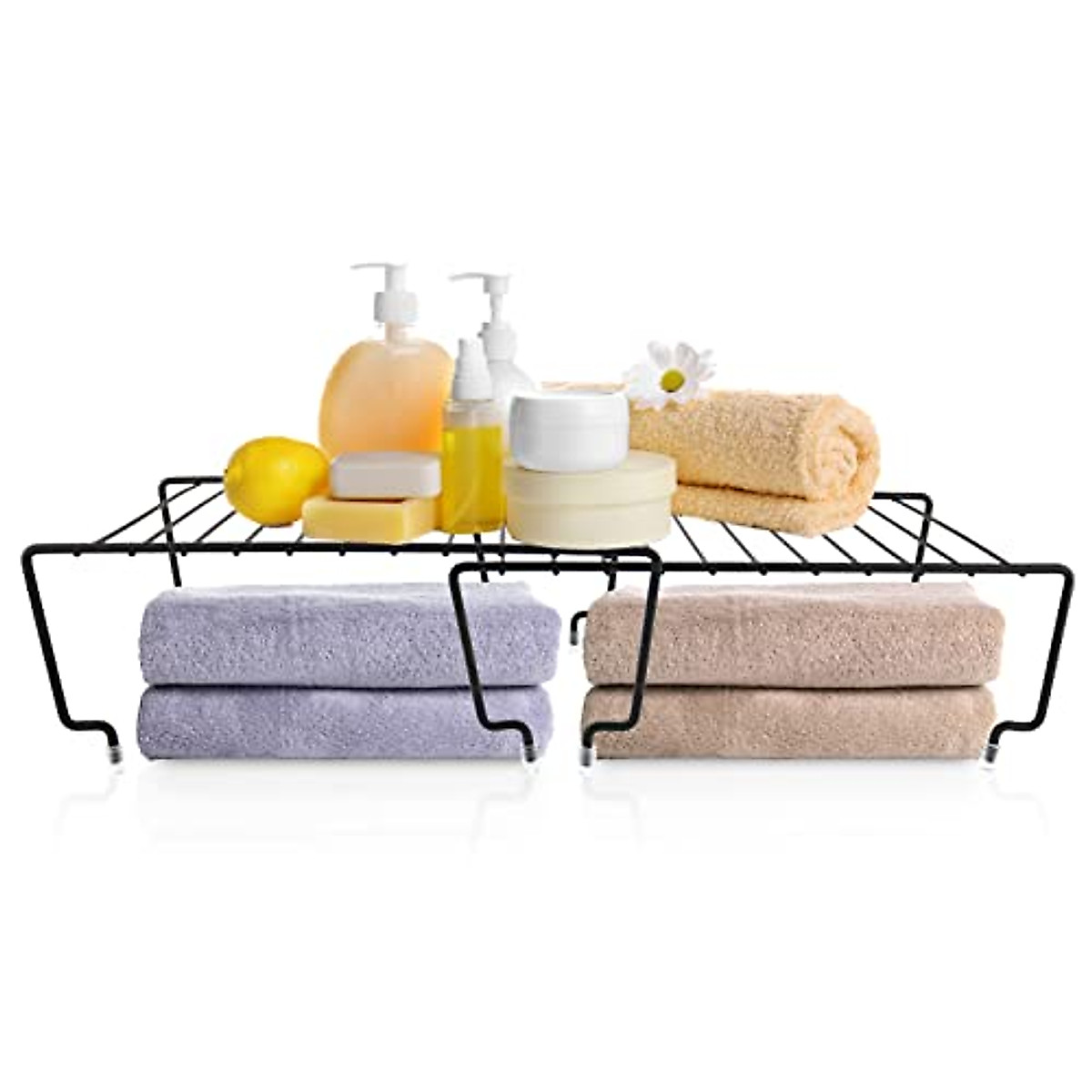 Expandable Shelf Organizer - Kitchen Cabinet, Kitchen Countertop & Bath Cabinet & Garage Shelf Organizer, Kitchen Storage & Organizer Accessories (Black) - 2 Pack