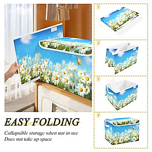 DIGTIA Storage Bins with Lids Daisies Flowers Butterfly Foldable Storage Boxes with Handles Spring Summer Landscape Large Storage Basket Collapsible Organizer Containers for Closet Home Bedroom Offi