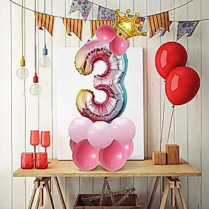 Falliny 32 Inch Rainbow Number 3 Balloons with Latex Balloons Detachable Crown Foil Helium Party Birthday Decorations for Birthday Party,Wedding, Bridal Shower Engagement Photo Shoot, Anniversary