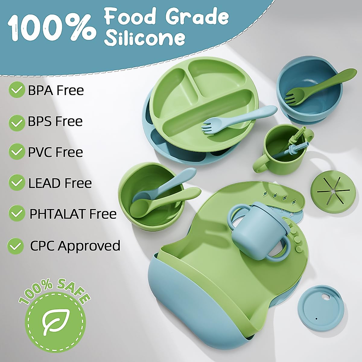 MumEZ Silicone Baby Feeding Set, Baby Led Weaning Utensils, Adjustable Silicone Bibs, Baby Plates and Bowls with Suction, Baby Spoons Forks, Sippy Cup, Baby Eating Essentials(Ether&Sage)