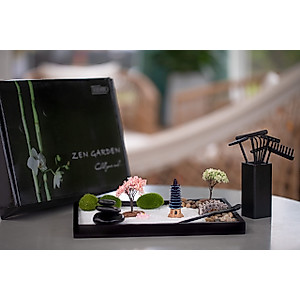 Zen Garden for Desk – 21pc. Japanese Zen Sand Garden Kit for Home, Office Desktop, Beautiful Gift, Therapy, Meditation Mini Decor Set– 11x8in. Large Sand Tray, Rocks, Black Rake Tools & Accessories