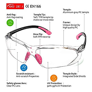 SAFEYEAR Women Safety Glasses Anti Fog Lens,HD Clear Scratch Resistant Work Glasses with Adjustable Straps for Lady, No-Slip Grips,VU Protection for DIY, Lab, Welding,Chemistry(Pink)