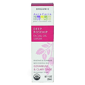 Aura Cacia Organic Deep Rosehip Facial Serum, 1-Ounce, Soothing, Moisture-Preserving Oil, Pure, Free From Synthetic Additives