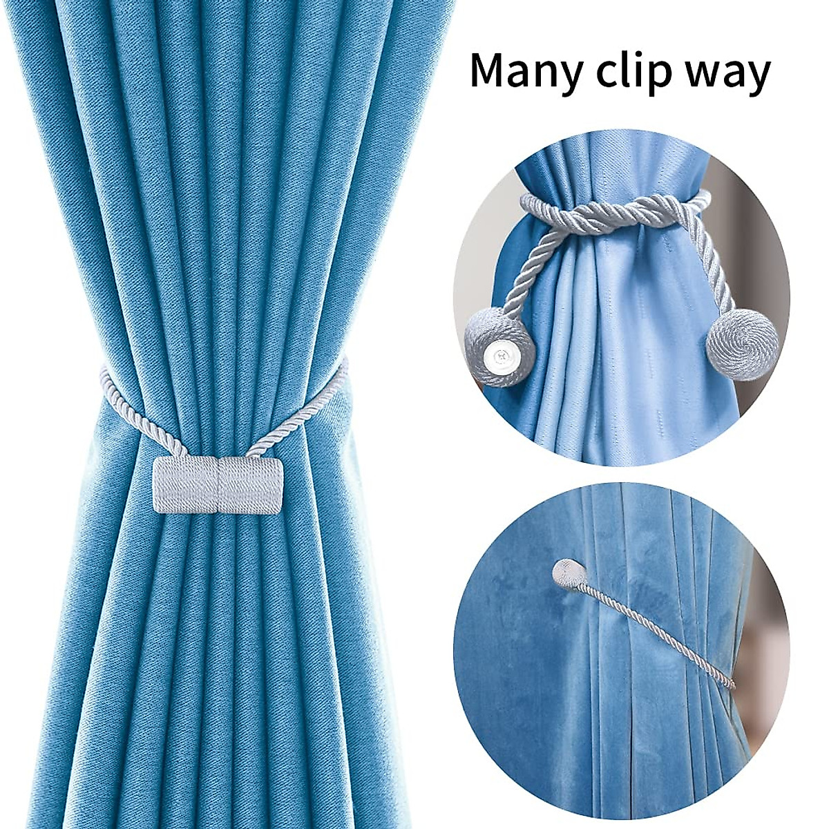 YUNTUOO 18 Inch Strong Magnetic Curtain Tiebacks, Curtain Holdbacks Modern Upgrade Strong 2021 New Twisted Style Decorative Drapery Rope ​Tie Backs(2 Pack Silver Grey)