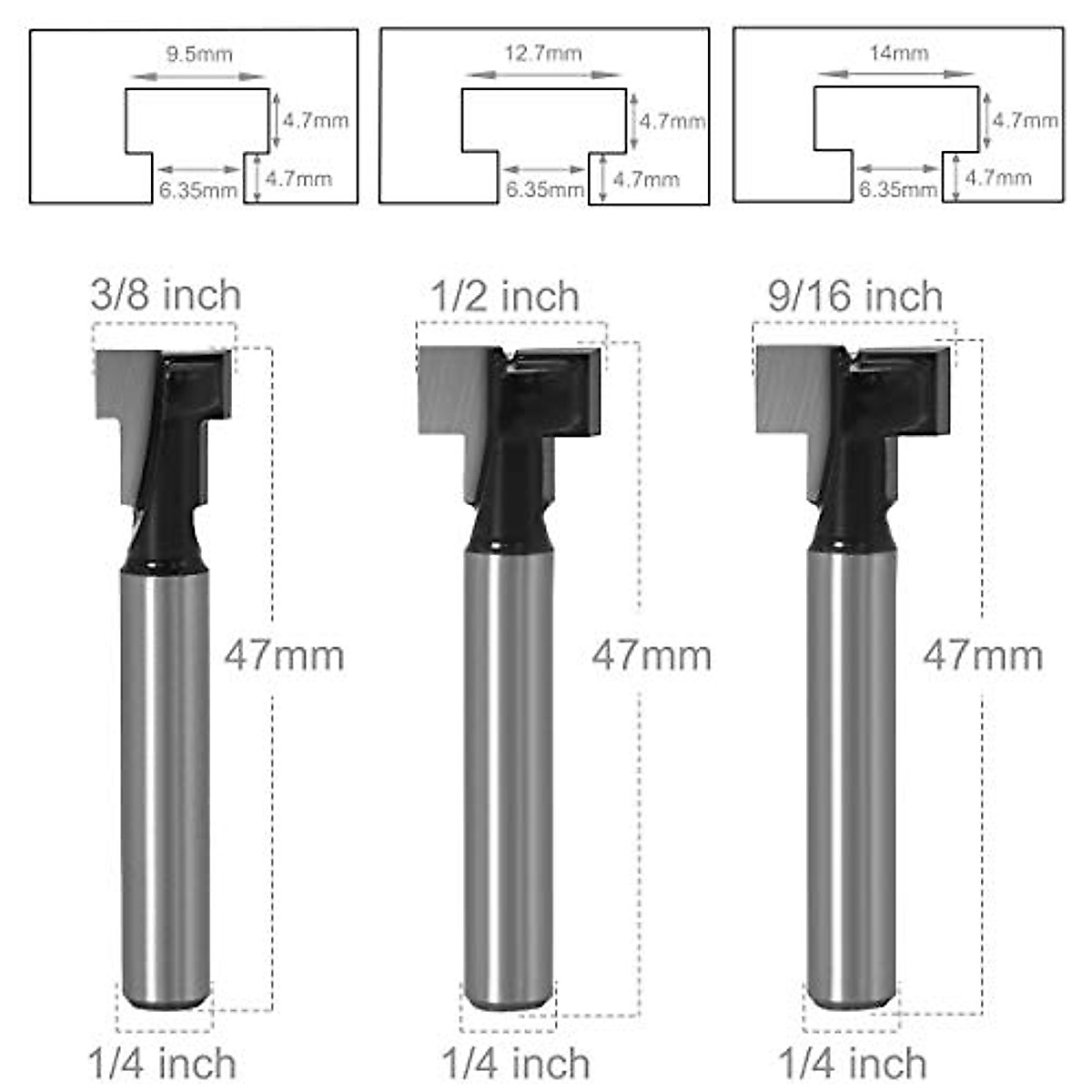 Saipe 5pcs T-Slot Cutter Router Bit 1/4 Inch Shank Keyhole Router Bit Set with 1/4 & 5/16 & 3/8 & 1/2 & 9/16 Inch Blade Diameter for Wood Hex Bolt T-Track Slotting Wood Milling Cutter
