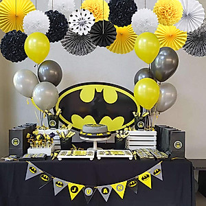 Yellow White Black Hanging Paper Party Decorations, Round Paper Fans Set Paper Pom Poms Flowers for Bee Baby Shower Decorations Batman Birthday Party