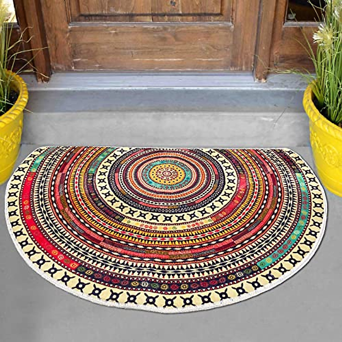 Boho Half Round Indoor Entrance Rug Doormats 36x24 Inches Absorbent Non-Slip Bedroom Front Back Outdoor Welcome for Entryway Machine Washable, Bohemia Ethnic Style Pattern