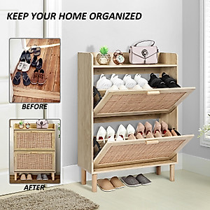 Finnhomy Extended Edition Shoe Cabinet with Natural Rattan Flip Drawers for Entryway, Free Standing 2 Tier Slim Shoe Organizer with Large Top Board, Shoe Cabinet with 3-gear Adjustable Width Drawers