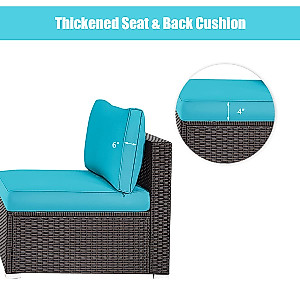 DORTALA 2 Piece Wicker Sectional Armless Chairs, Outdoor Rattan Sectional Sofa Set w/Cushions for Seat and Back, Additional Seats for Garden Balcony Patio Poolside, Turquoise