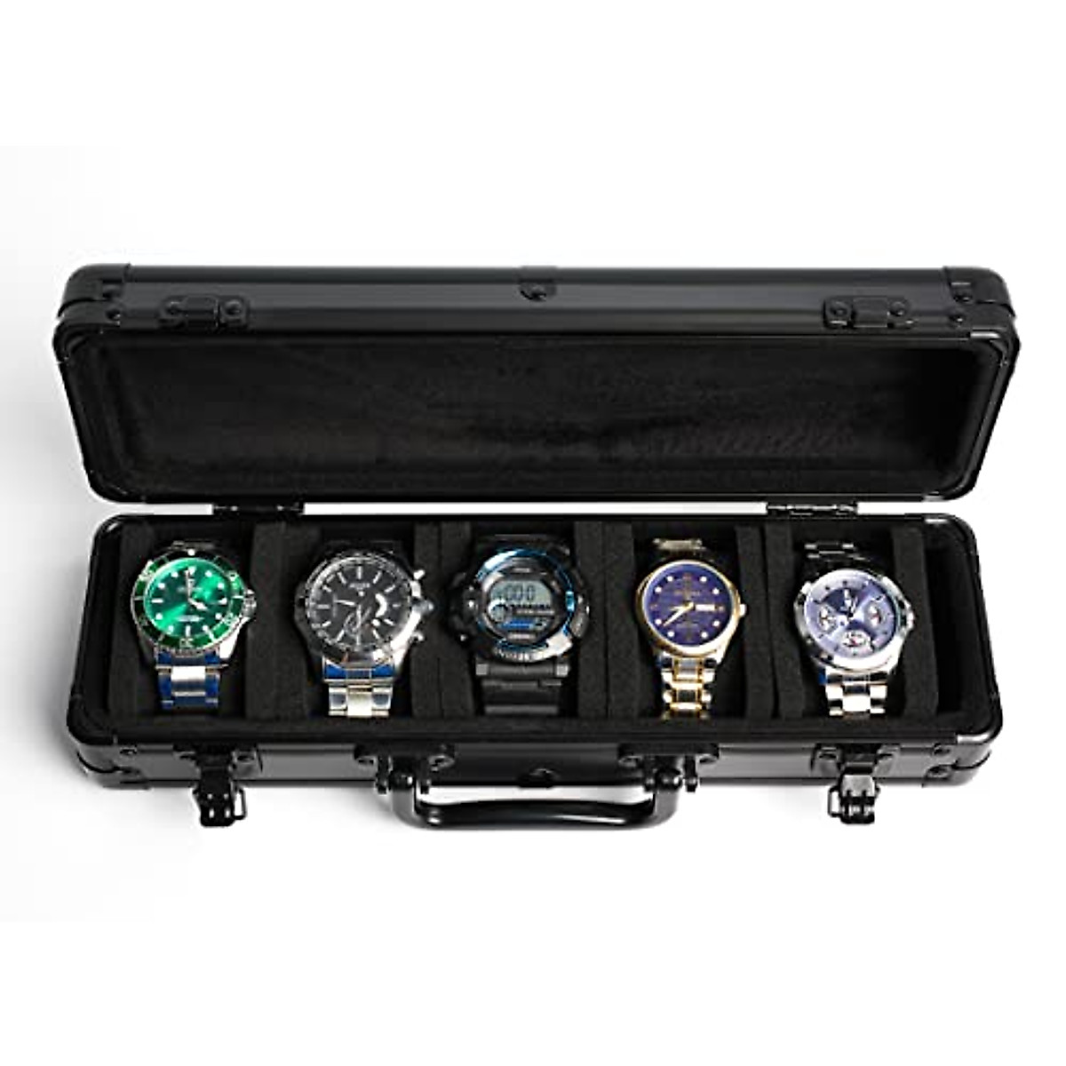 RIGICASE Aluminum 5 slots Hard men's watch box case, Luxury watch display storage organizer box with soft foam pillows snug fit all size watches up to 60mm face