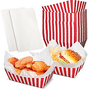 Rtteri 50 Pcs Carnival Party Paper Food Trays with Greaseproof Liner Paper Bulk Striped Circus Party Snack Disposable Food Boats for Carnival Circus Food Truck Party Supplies (Red and White Stripes)