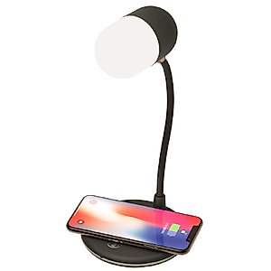 Led desk lamp with QI wireless smart charger. Home office bedside table night light lamp. Bluetooth connected speaker. 3 lighting color changing modes and touch control. Nightlight lamps for bedrooms.
