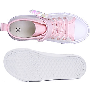 Toandon Girls Kids Sneakers Glitter Canvas Shoes Sparkle High Top Toddler Child Adjustable Hook Loop Straps Velcro Non Slip Lightweight Walking Outdoor Sequins Pink White Size 2