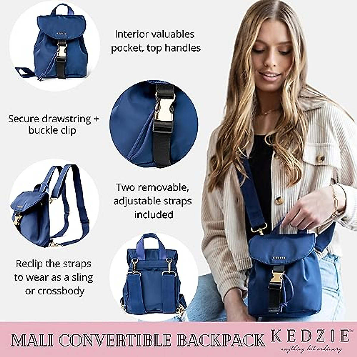 KEDZIE Mali Convertible Backpack Sling Crossbody Bag with Buckle Clip for Women - Black