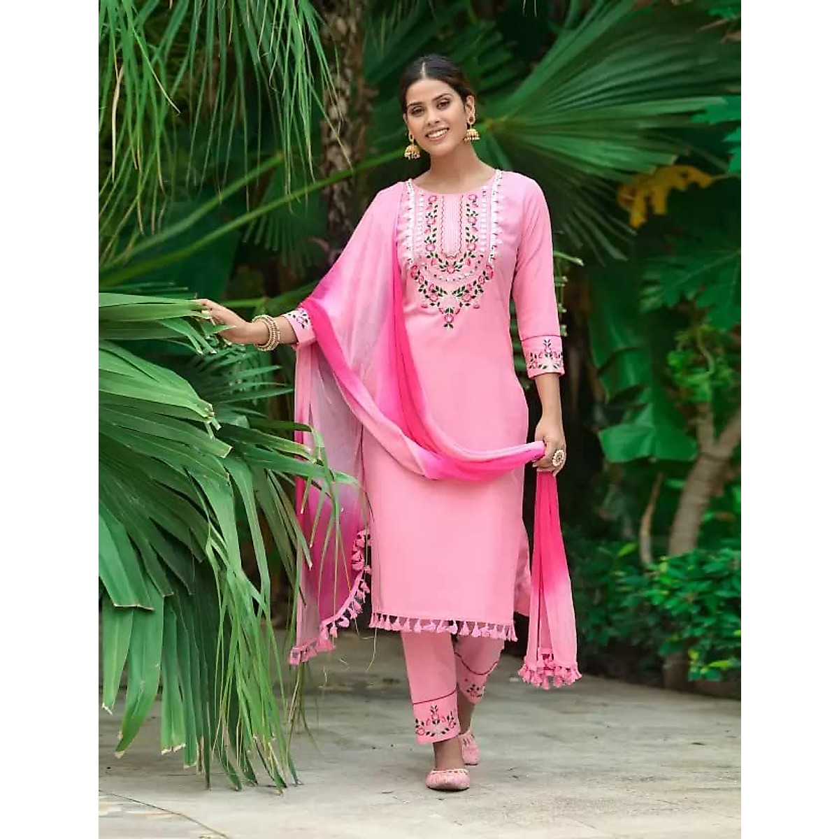 FamLady Embroidered Kurti Set with Pant and Dupatta Indian Art Silk Kurtis for Women (as1, alpha, m, regular, regular, Pink)