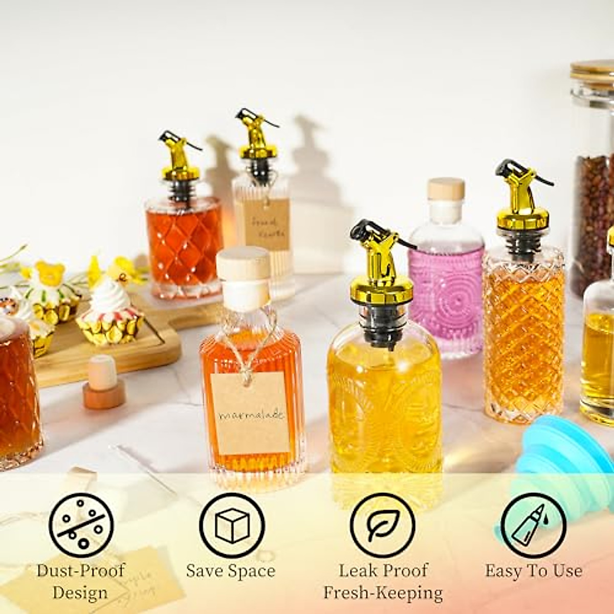 KAMJUNTAR Coffee Syrup Dispenser Set of 10, Glass Syrup Dispenser for Coffee Bar 7oz Simple Syrup Bottles Small Syrup Bottles for Coffee Bar and Home Use, Vintage Glass Bottles