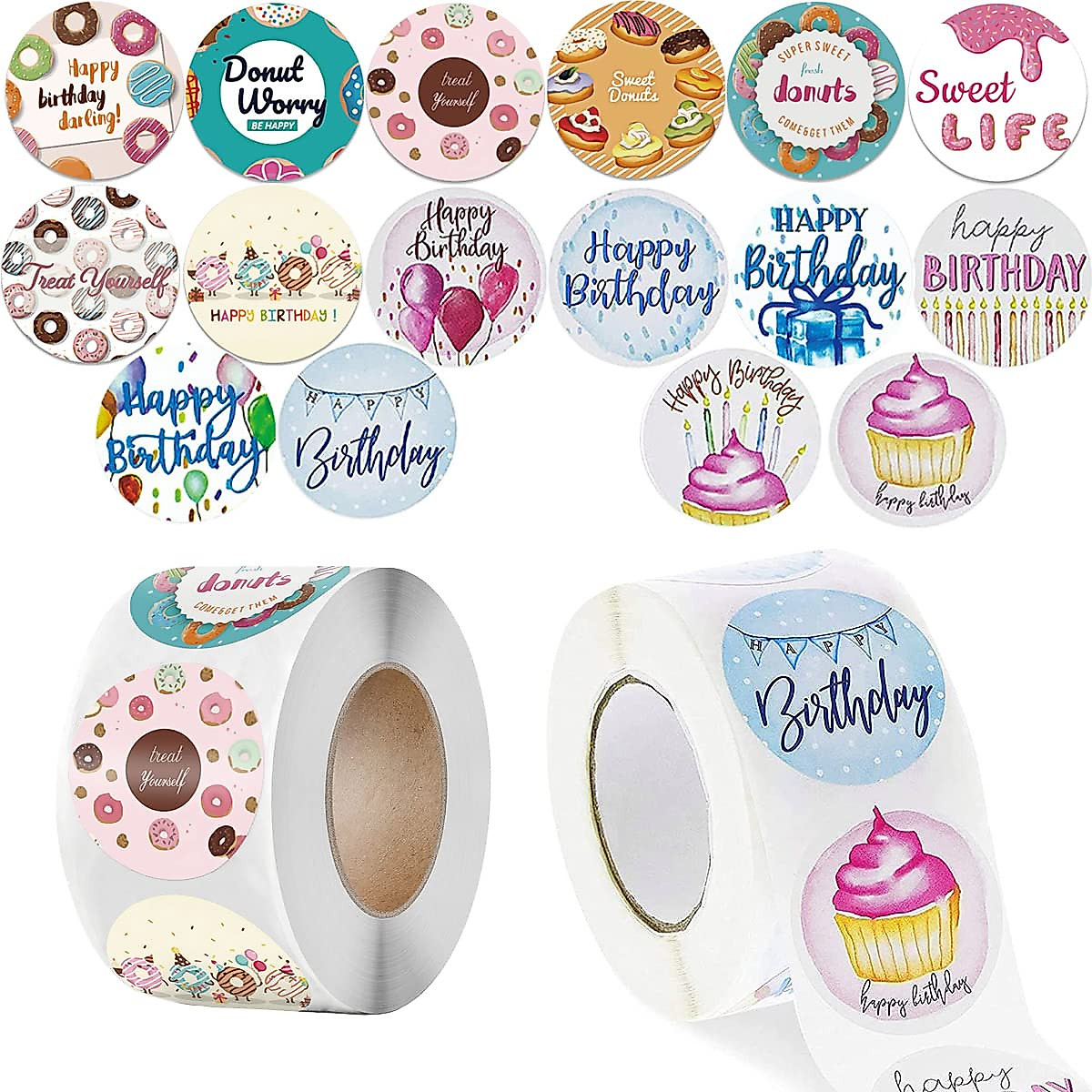 2 Roll/1000Pcs Happy Birthday Stickers Round Seals Labels Adhesive Labels for Baby Shower and Happy Birthday Party Decorative, Cards Gift Envelopes Boxes, 1.5Inch