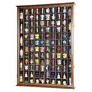108 Shot Glass Shotglass Shooter Display Case Holder Cabinet Wall Rack 98% UV Lockable Door -Walnut