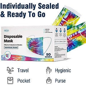 WECARE Disposable Face Mask Individually Wrapped - 50 Pack, Tie Dye Masks 3 Ply