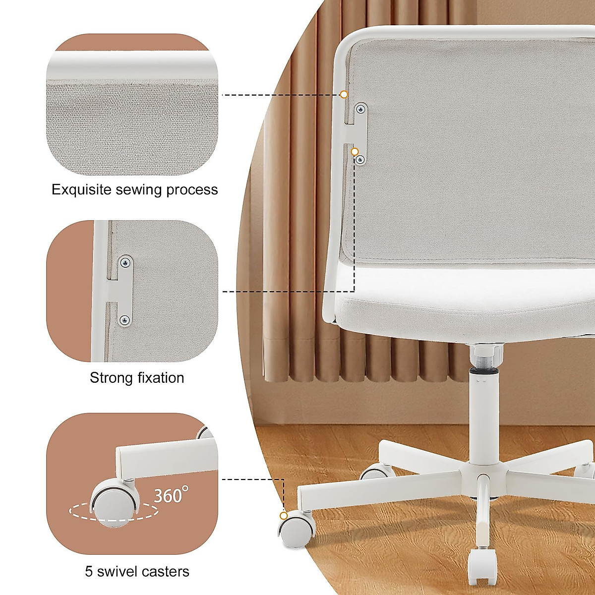 Hoxne Adjustable Ergonomic Office Chair with Lumbar Support, Breathable Polyester Cloth Fabric Padded Seat Backrest, Heavy-Duty Swivel Castersfor Home and Office Use - Beige