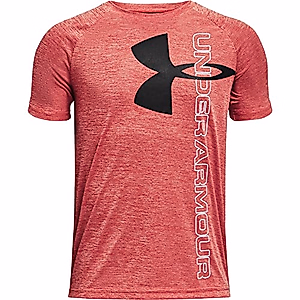 Under Armour boys Tech Split Logo Hybrid Short-Sleeve T-Shirt , Red (600)/Black , Youth Large